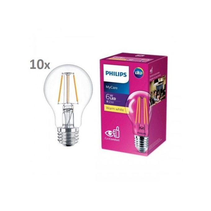 Philips Lot de 10 Lampes à filament LED Classic 6-60W A60 E27 blanc ...