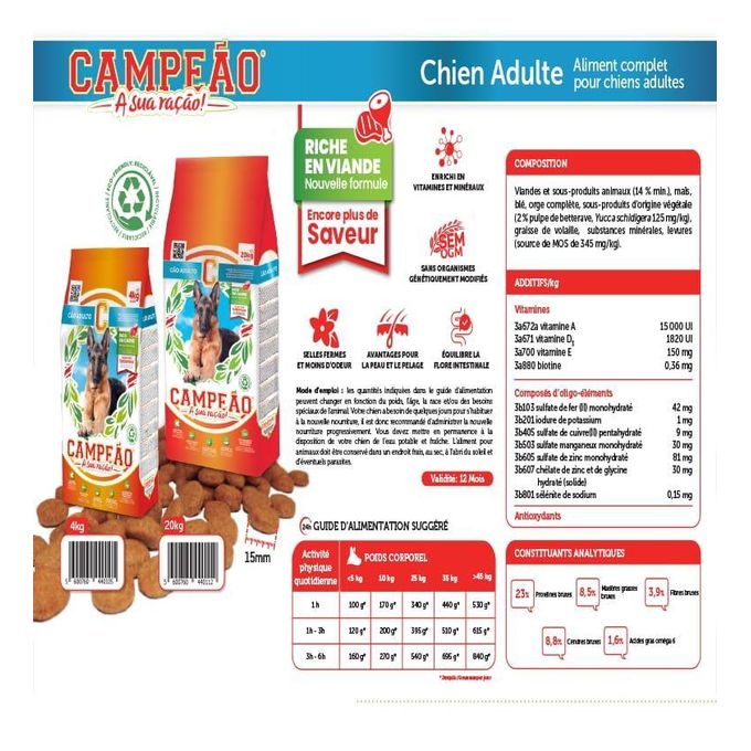 CAMPEÃO Croquettes pour chiens Adult 20KG à prix pas cher