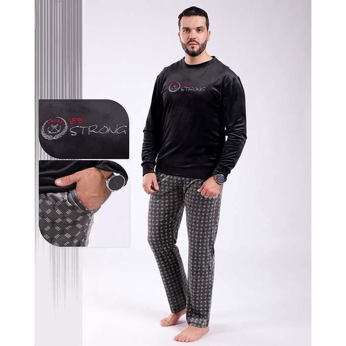 flora mode Pyjama homme en tissu velours couleur noir gris