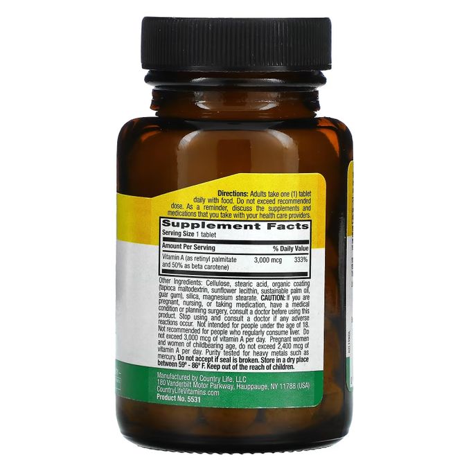 Country Life Vitamine A sèche, 3000 mcg 10000 IU, 100 comprimés Haute ...
